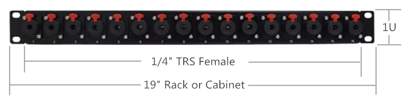 16-Port 1/4" TRS Female Patch Panel, 19 Inch Rackmount 1U