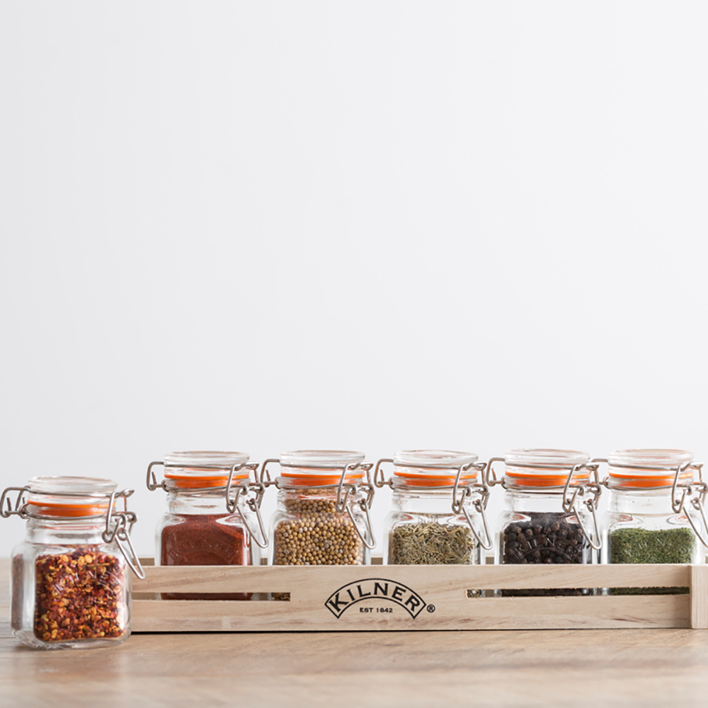 Square Clip Top Spice Jar Set, 70ml / 6 Spice Jars and Rack - KILNER