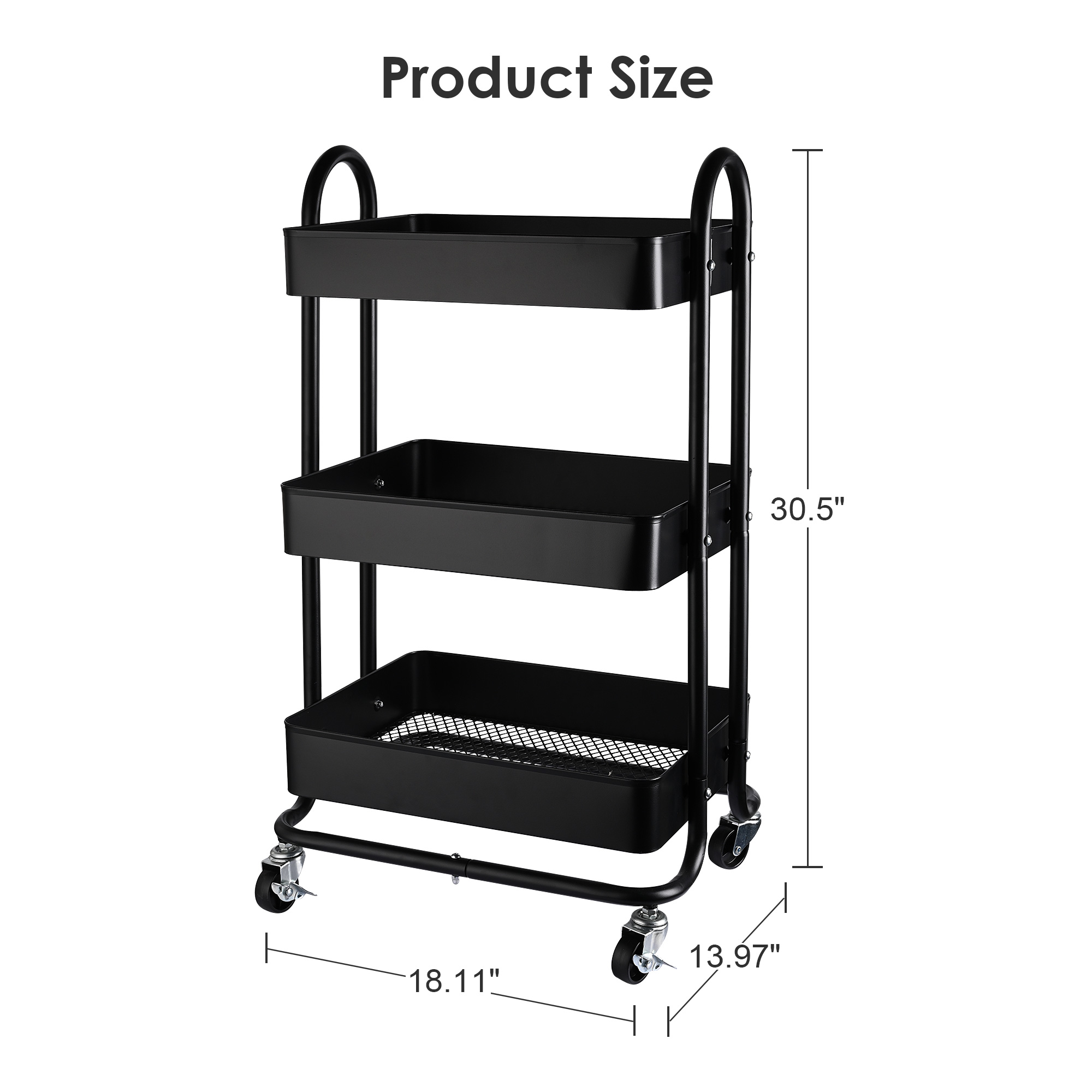 3-Tier Metal Heavy Duty Rolling Utility Cart in Black – STORA