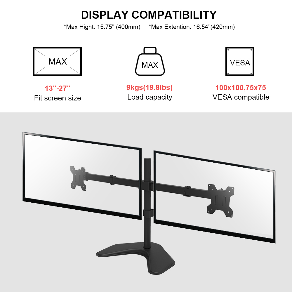 Adjustable Dual Monitor Desk Stand for 13" to 27" Screens, VESA 75 100 ...
