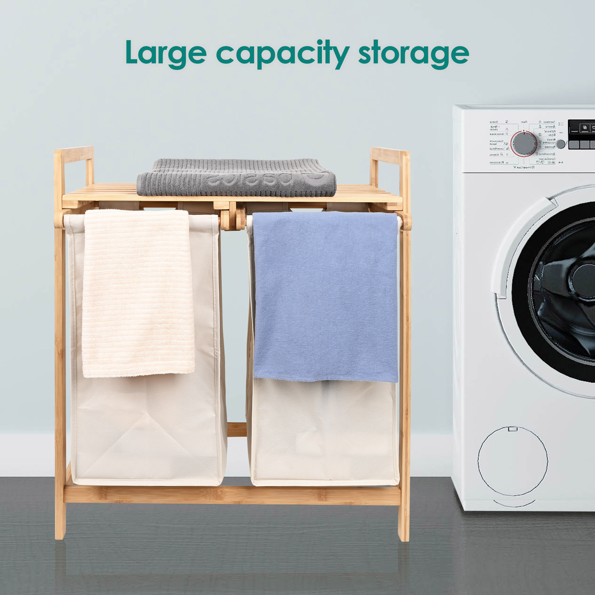 Bamboo Laundry Hamper Organizer with Double Sorter, 60L Large Capacity ...