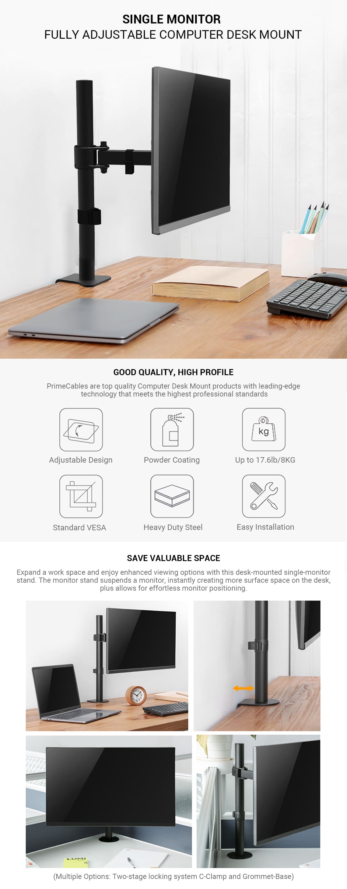 3-in-1 Adjustable Single Monitor Desk Mount with HDMI Cable and Fasten ...