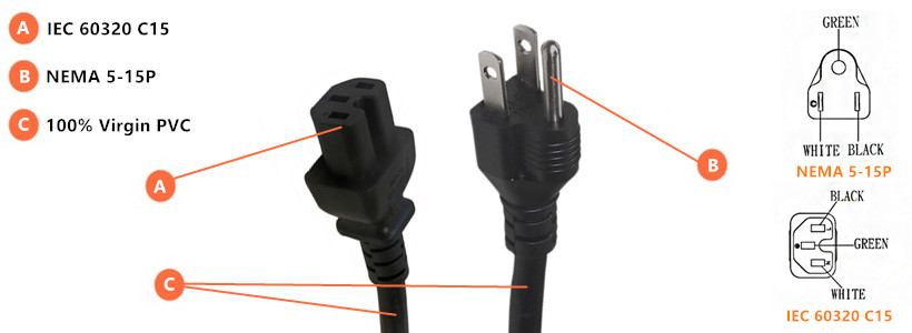 NEMA 5-15P to IEC C15 Power Cable - 14AWG SJT