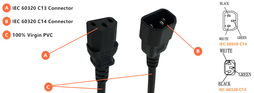 IEC C13 to IEC C14 Power Cable - 16AWG SJT