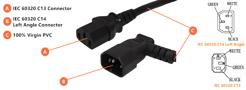 IEC C13 to IEC C14 Left Angle Power Cable - 18AWG SJT