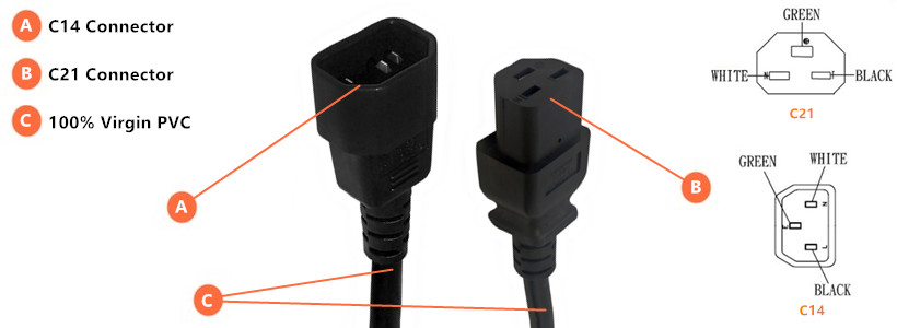 IEC C14 to IEC C21 Power Cable - 14AWG SJT
