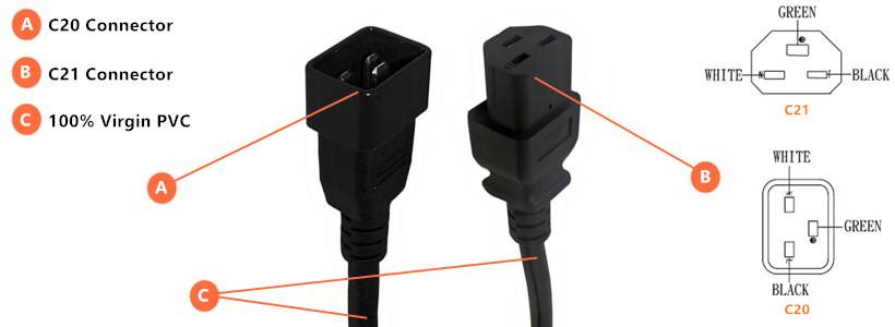 IEC C20 to IEC C21 Power Cable - 12AWG SJT