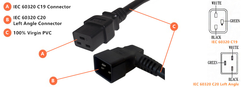 IEC C19 to IEC C20 Left Angle Power Cable - 12AWG SJT