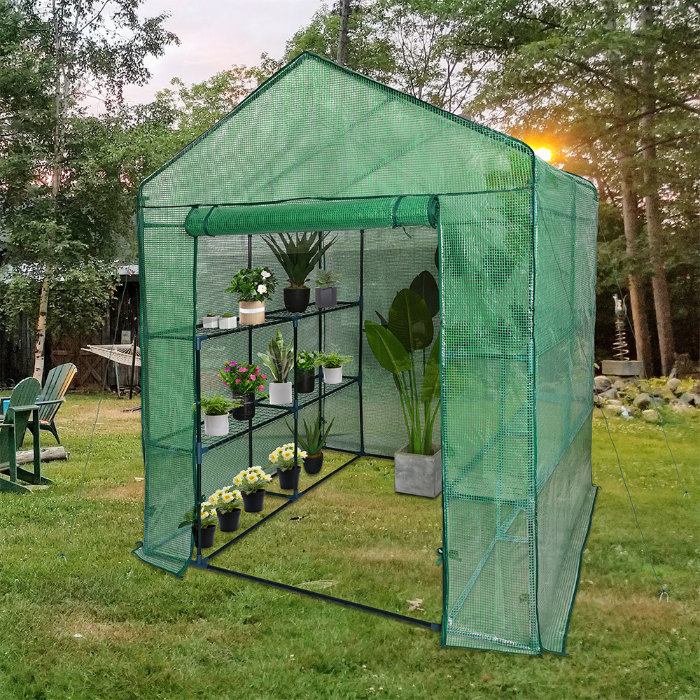 Large Walk-In Greenhouse 2 Tiers 8 Shelves with Roll-Up Zipper Door, 61 ...