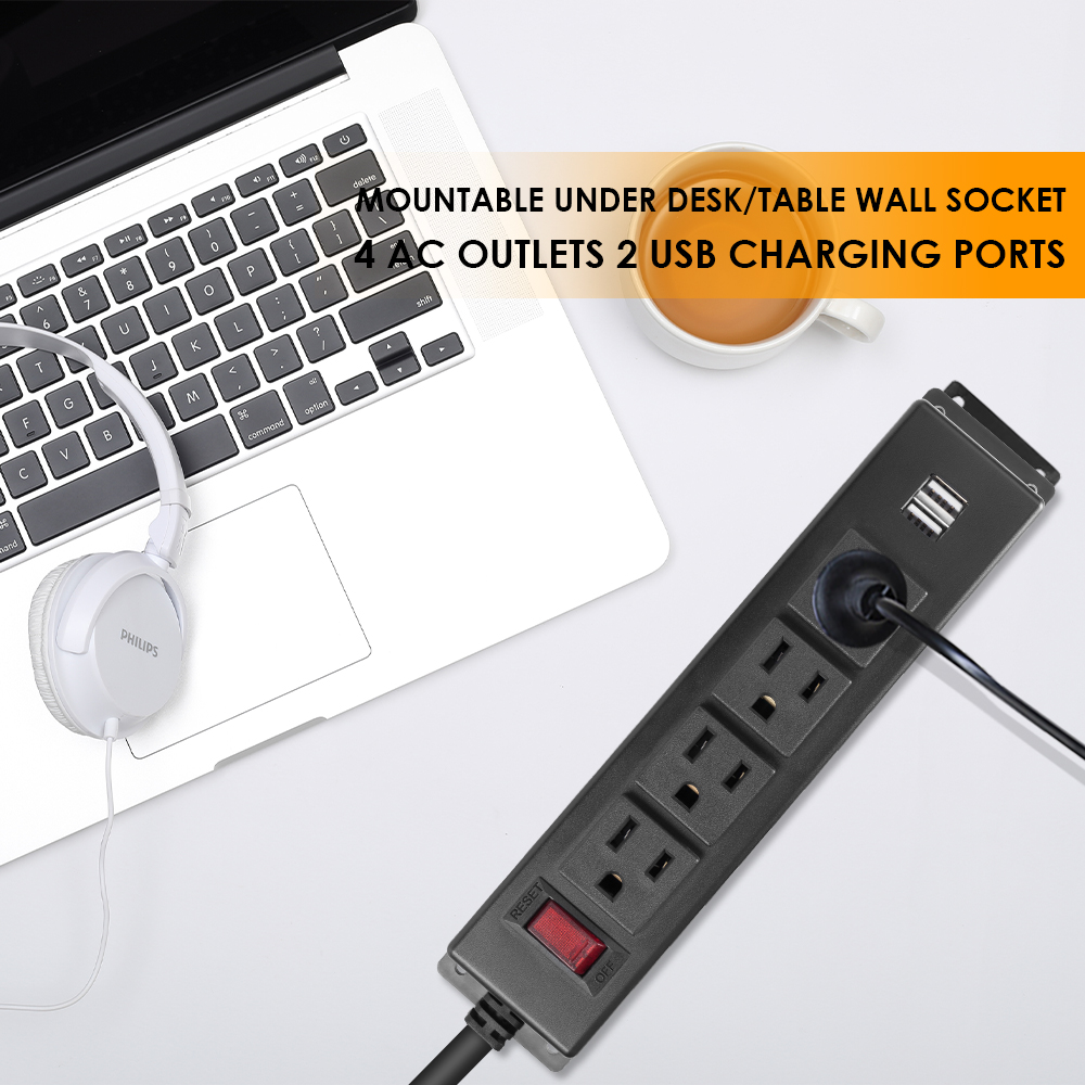 Under Desk Power Strip with 2 USB Ports - PrimeCables