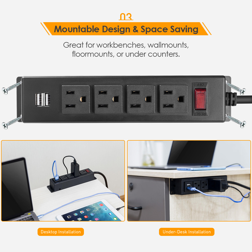 Under Desk Power Strip with 2 USB Ports - PrimeCables