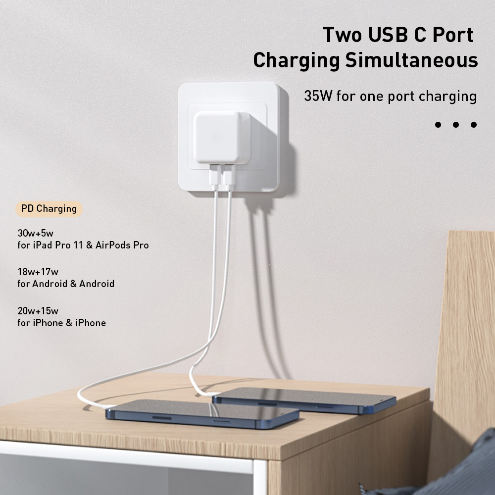 USB-C Charger Block Dual Port 35W Wall Charge Adapter with Foldable Prongs - PrimeCables®