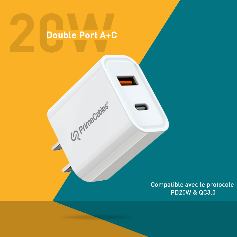Adaptateur secteur PD double port à charge rapide - PrimeCables