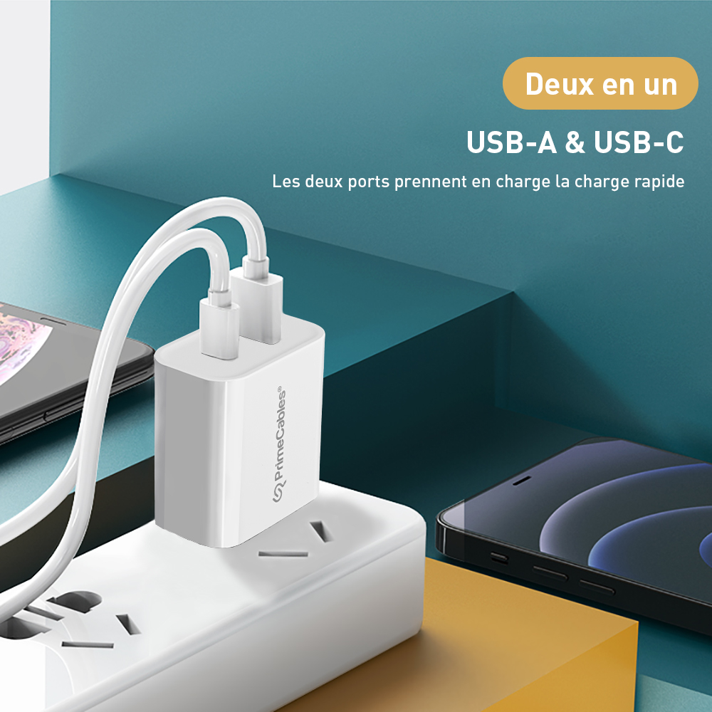 Chargeur mural USB double port 20 W - Blanc - PrimeCables