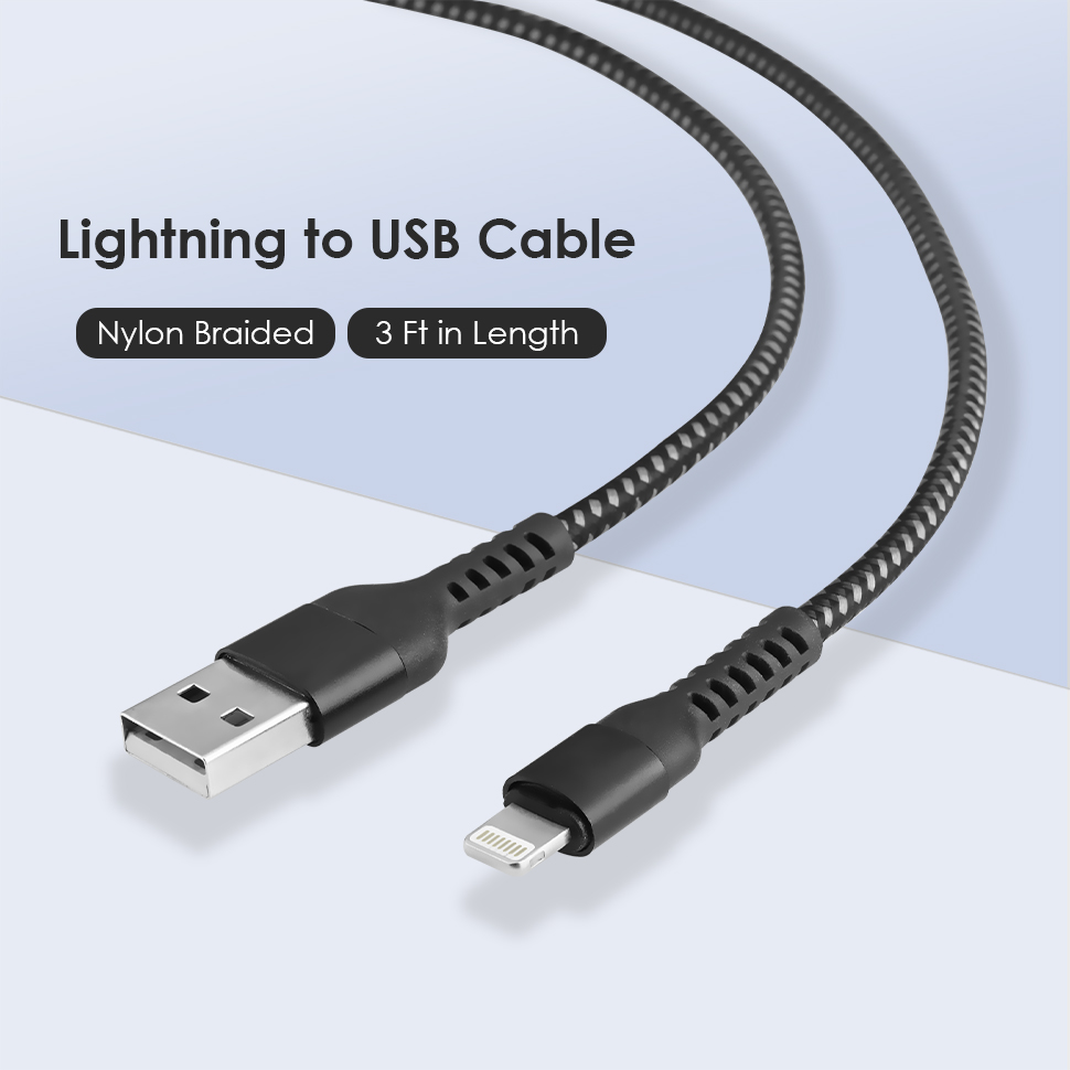 Nylon Braided Charger Cable 3ft Lightning to USB Cable Fast iPhone ...