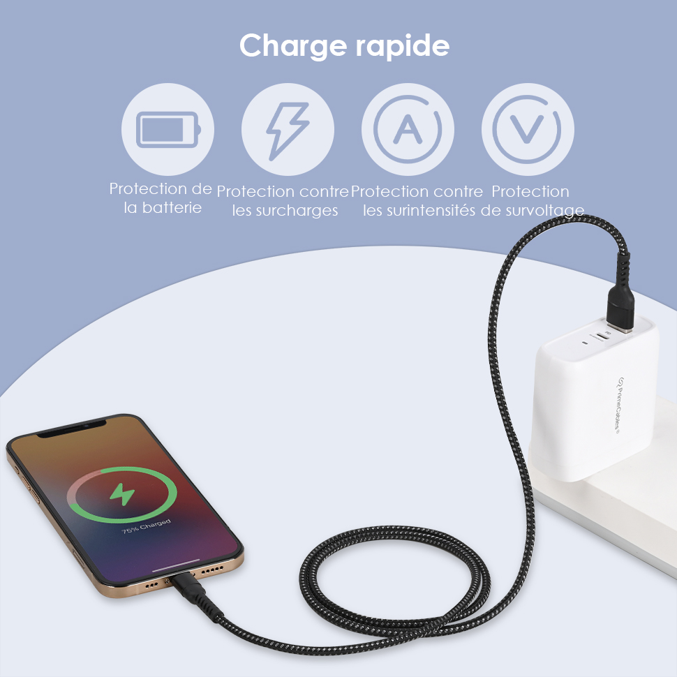 Câble de chargeur tressé en nylon Cordon de charge rapide Lightning ...