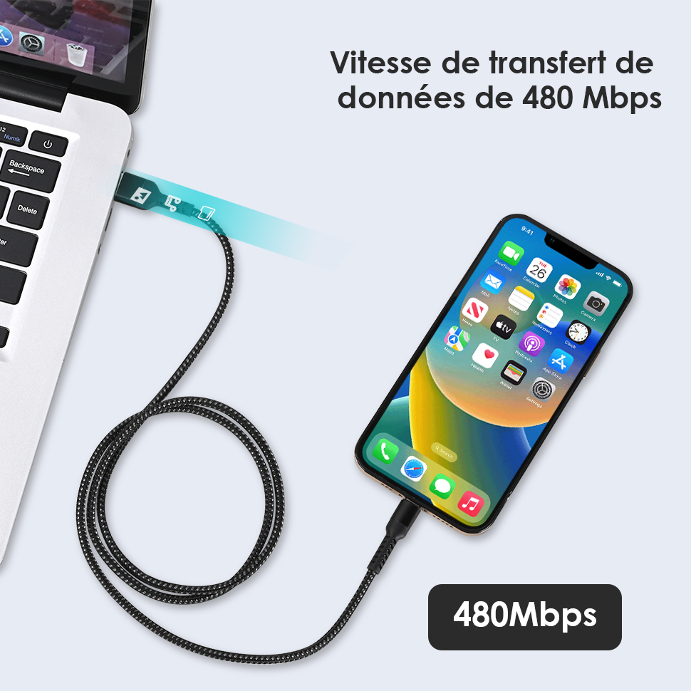 Câble de chargeur tressé en nylon Cordon de charge rapide Lightning ...