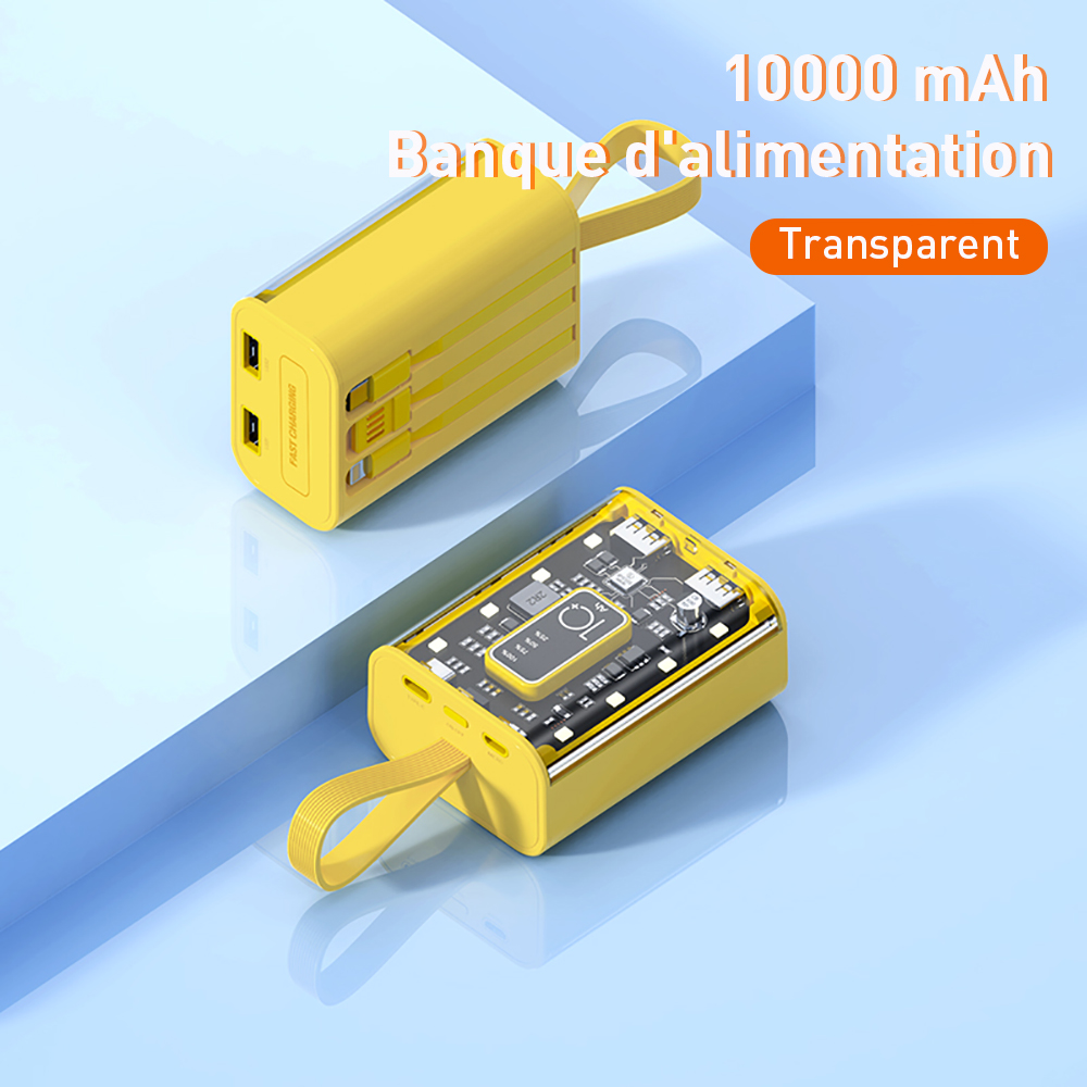 Batterie externe transparente 10000 mAh avec 3 câbles intégrés, jaune ...
