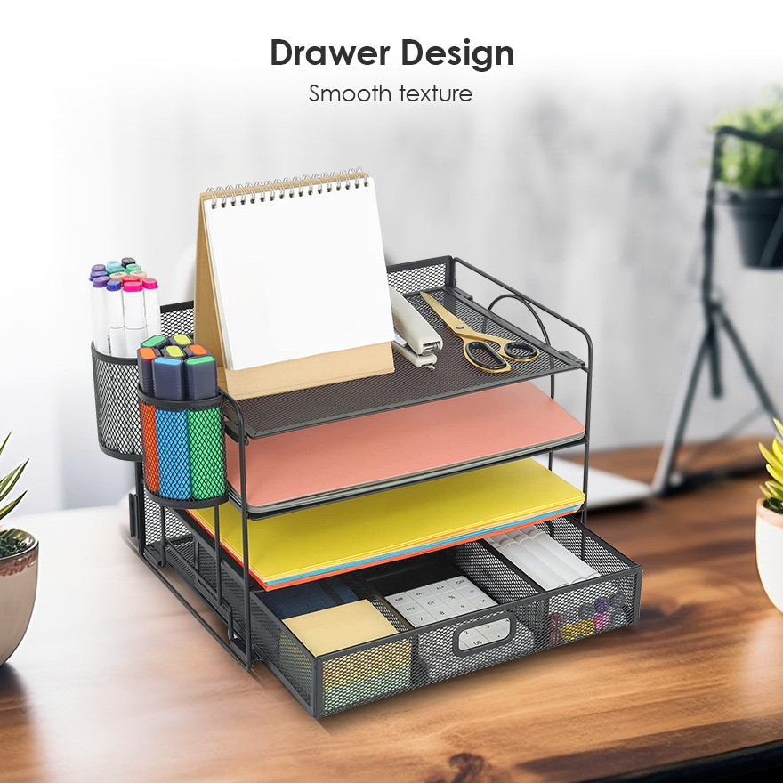4-Tier Office Supplies Desk File Organizer with Drawer and 2 Pen ...