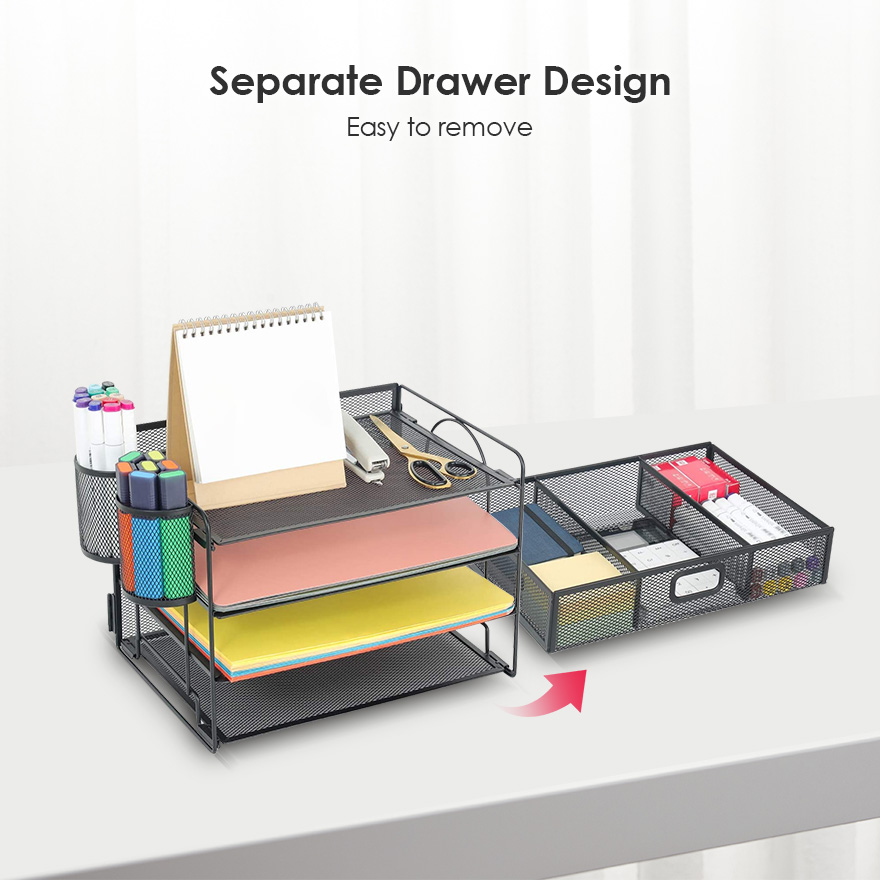 4-Tier Office Supplies Desk File Organizer with Drawer and 2 Pen ...