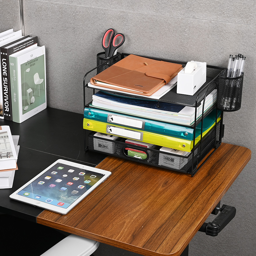 4-Tier Office Supplies Desk File Organizer with Drawer and 2 Pen ...