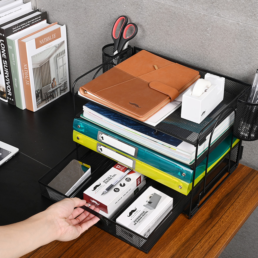 4-Tier Office Supplies Desk File Organizer with Drawer and 2 Pen ...