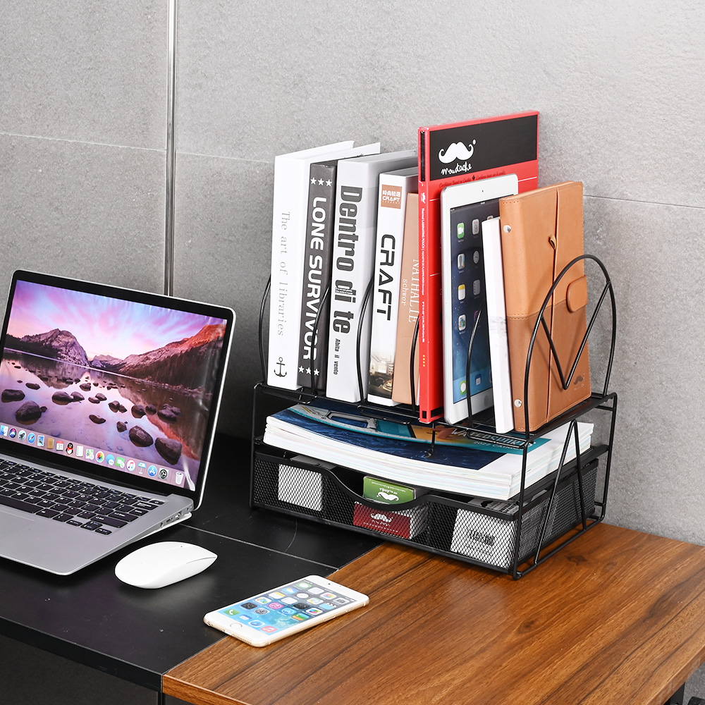3-Tier Office Supplies Desk File Organizer with Drawer and 5 Vertical ...