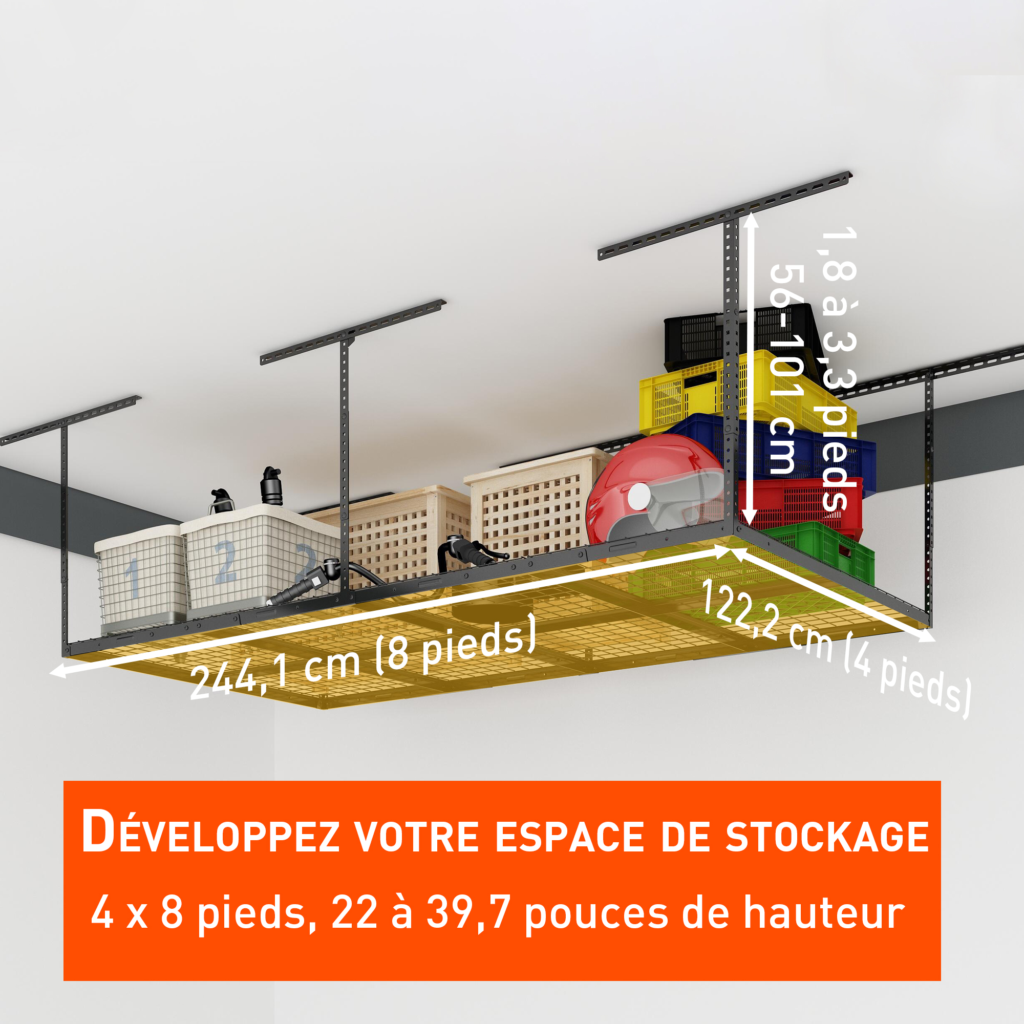 Étagère de garage suspendue au plafond de 4 x 8 pieds - Enduran™