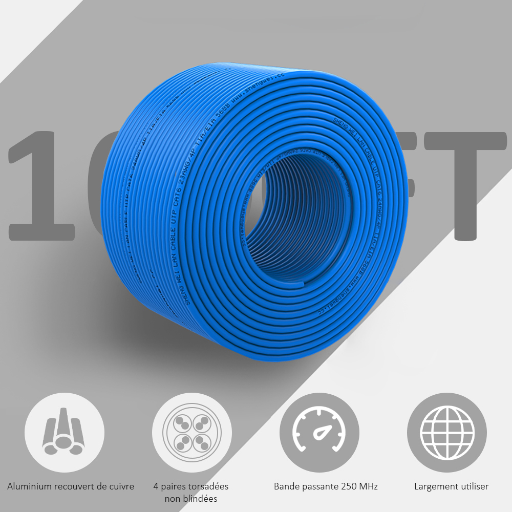 Câble en Vrac Cat6, UTP 23AWG Solide CCA, Câble Ethernet 1000 pieds ...