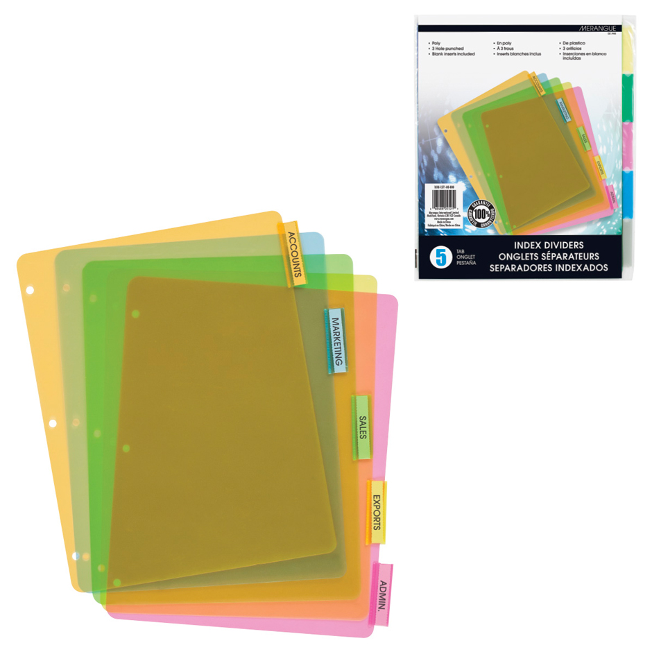 Merangue® Poly Index Dividers, 3 hole punched, Includes Inserts for Tabs