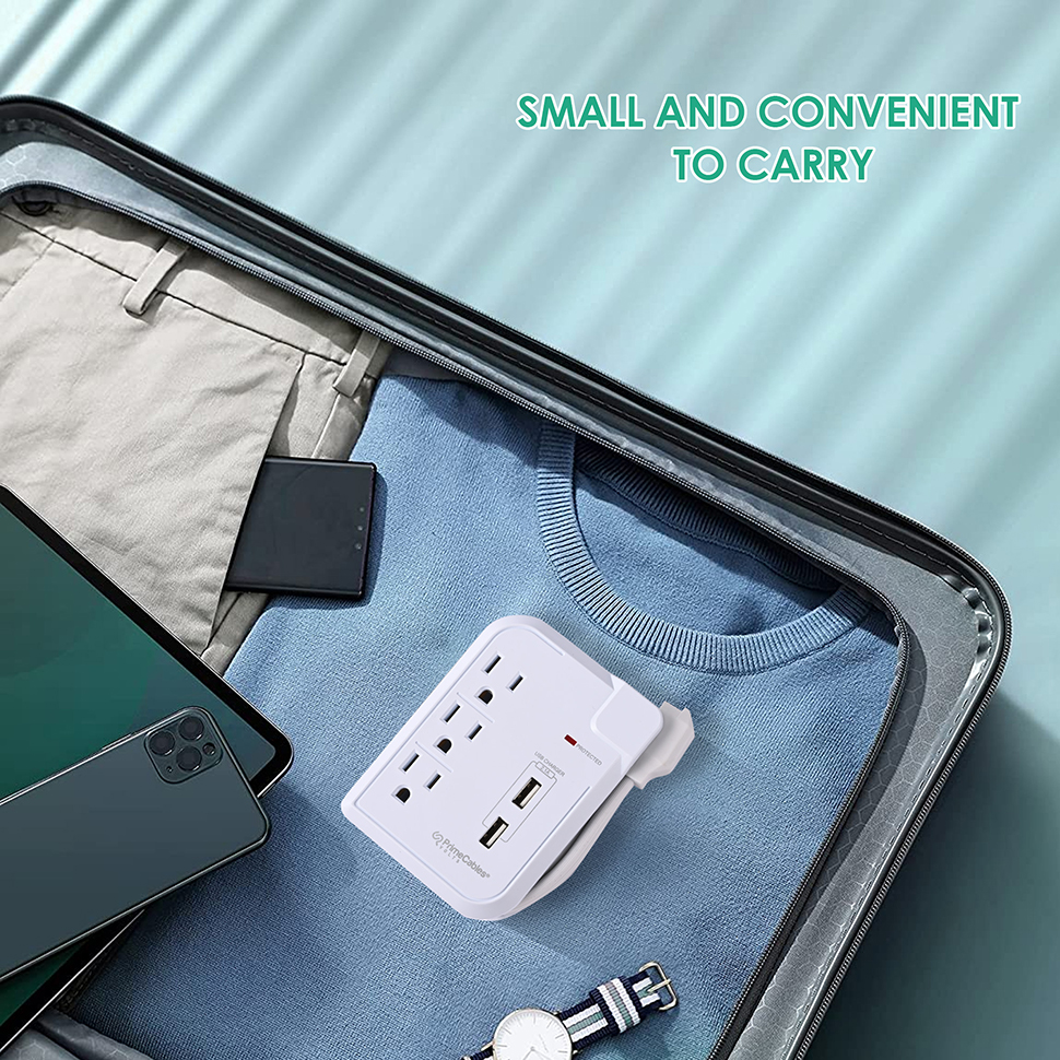 Compact Surge Protector Power Strip - 3 AC Outlets, 2 USB-A Ports