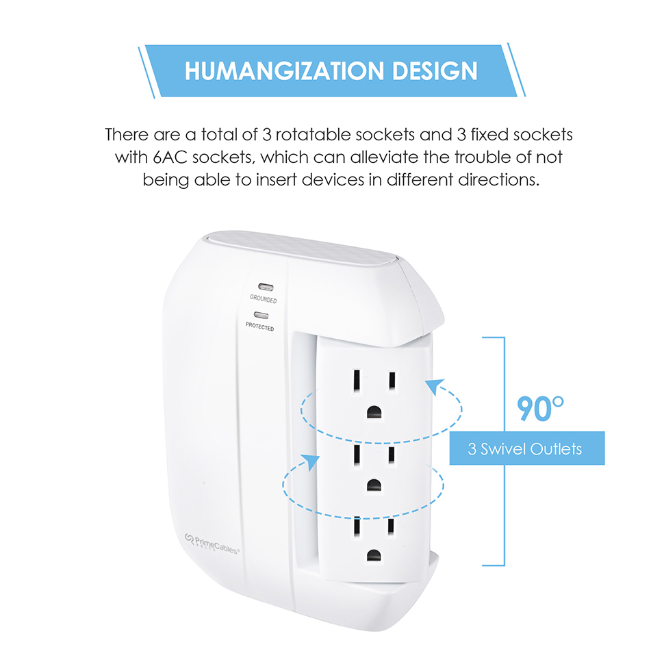 6-Outlet Wall Mount White Surge Protector - PrimeCables