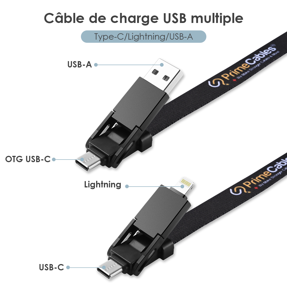 Câble de chargement USB avec lanière en nylon 4 en 1 (Type-C+USB-A vers ...