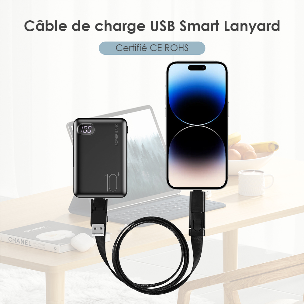 Câble de chargement USB avec lanière en nylon 4 en 1 (Type-C+USB-A vers ...