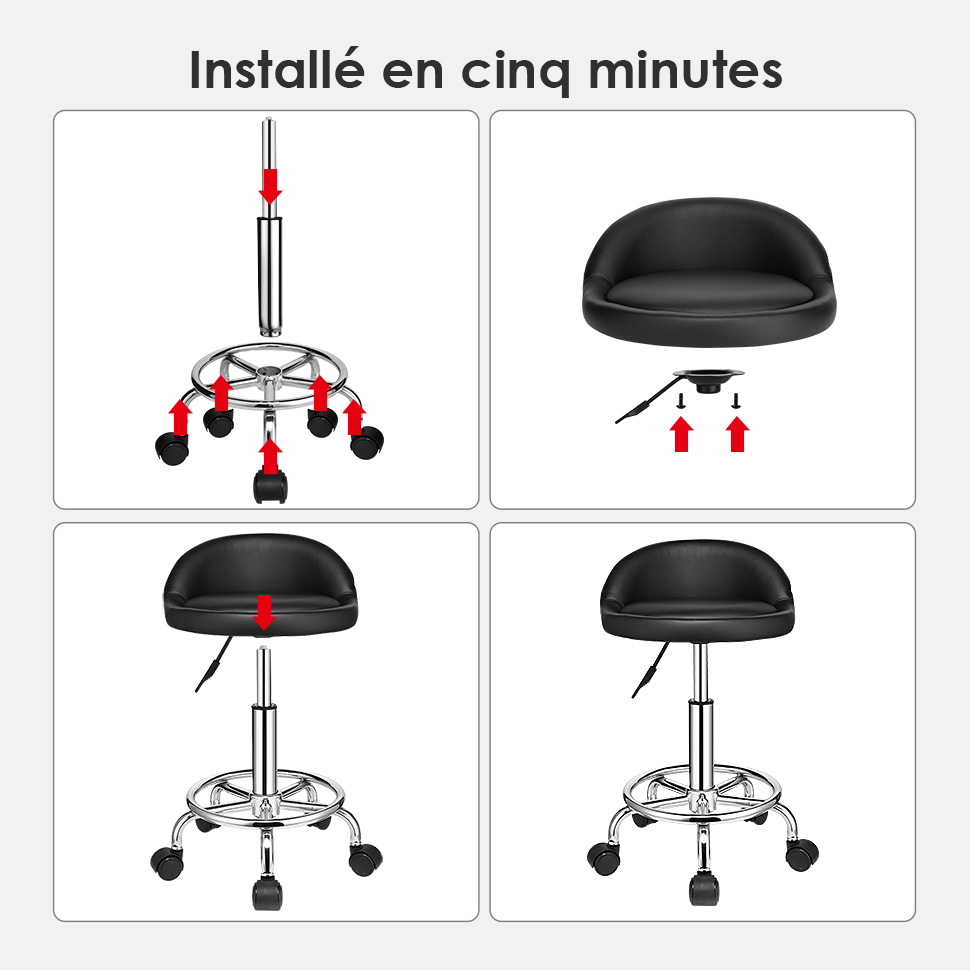 Tabouret roulant réglable en hauteur en cuir PU avec repose-pieds ...