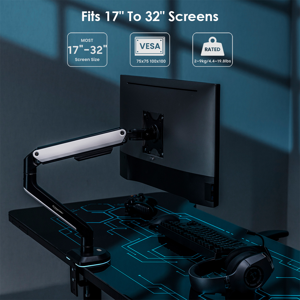 RGB Light Clamp-on Single 17 to 32 inch Pneumatic Monitor Arm ...
