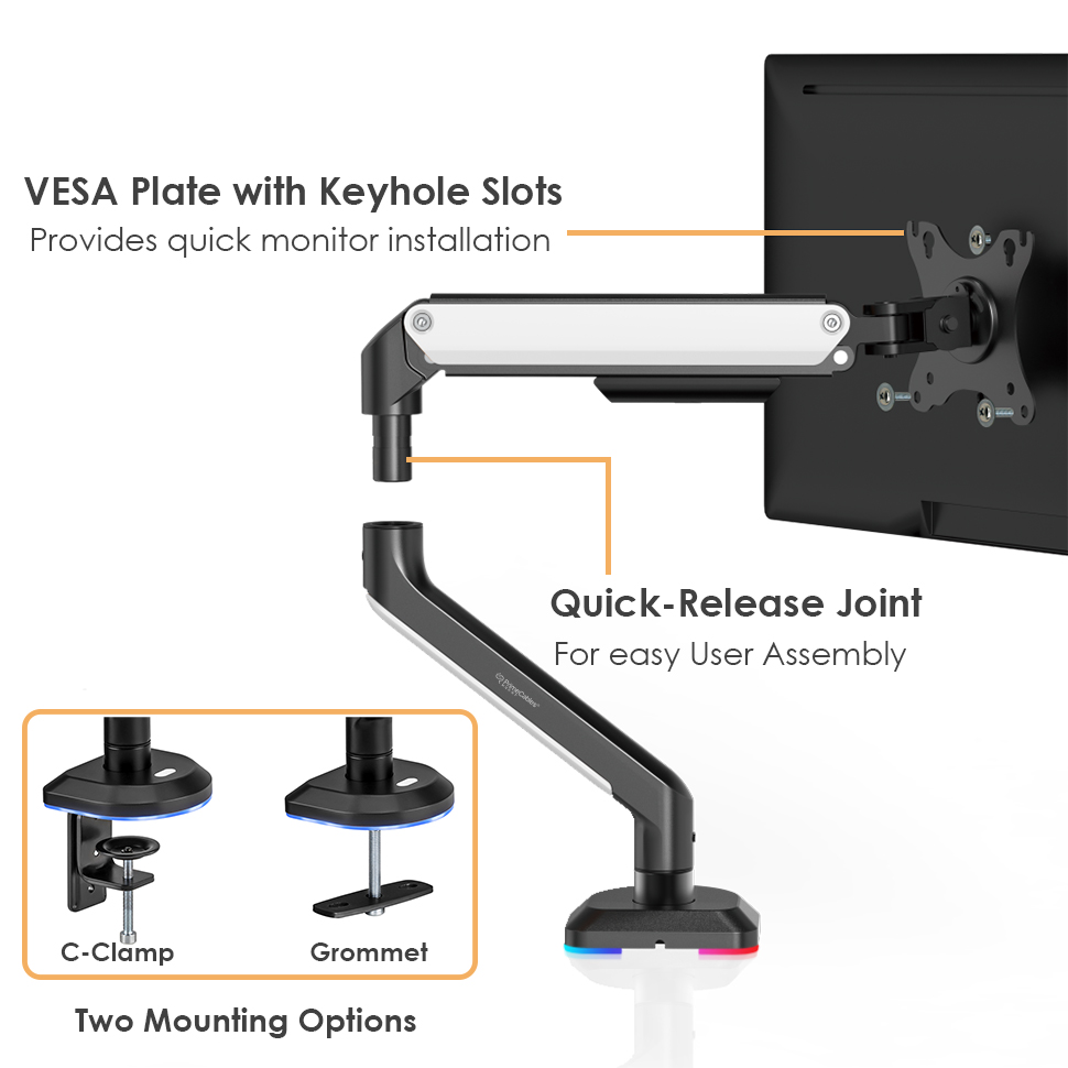 RGB Light Clamp-on Single 17 to 32 inch Pneumatic Monitor Arm ...