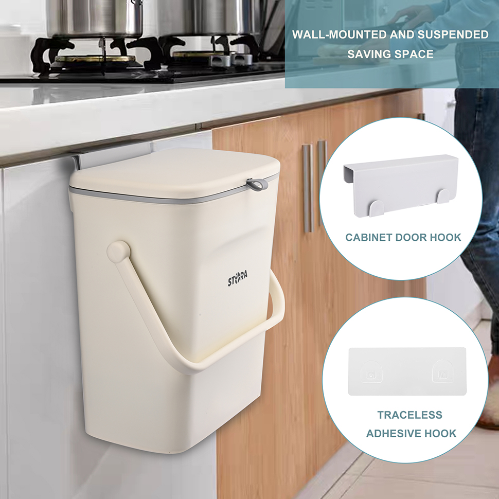 9L Hanging Trash Can with Odor-Sealing Lid - Fits Cabinet Doors