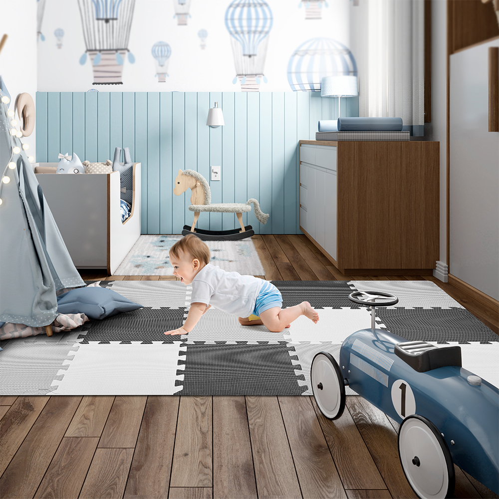 Soft Foam EVA Play Mat with Borders, 18 PCS Black Three Mixed Colors ...