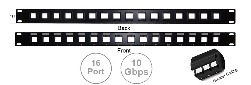 16-port Keystone Patch Panel, 19" Rackmount 1U - Unloaded