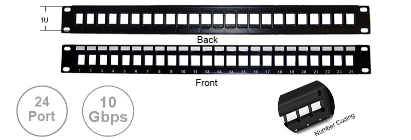 24-port Keystone Patch Panel, 19" Rackmount 1U - Unloaded