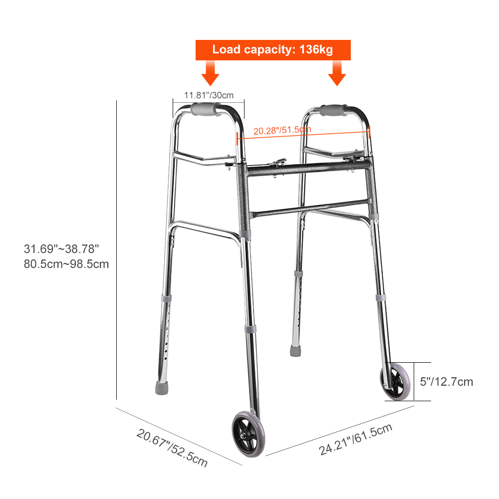 Folding Walker With Wheels, Lightweight Deluxe 2 Button Folding Walker ...