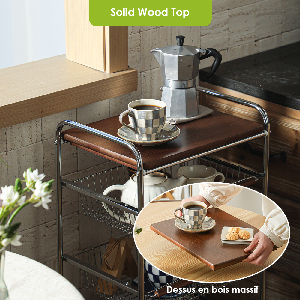 Kitchen Storage Cart 5 Tier Large Pull-Out Wire Basket with Wood Top ...