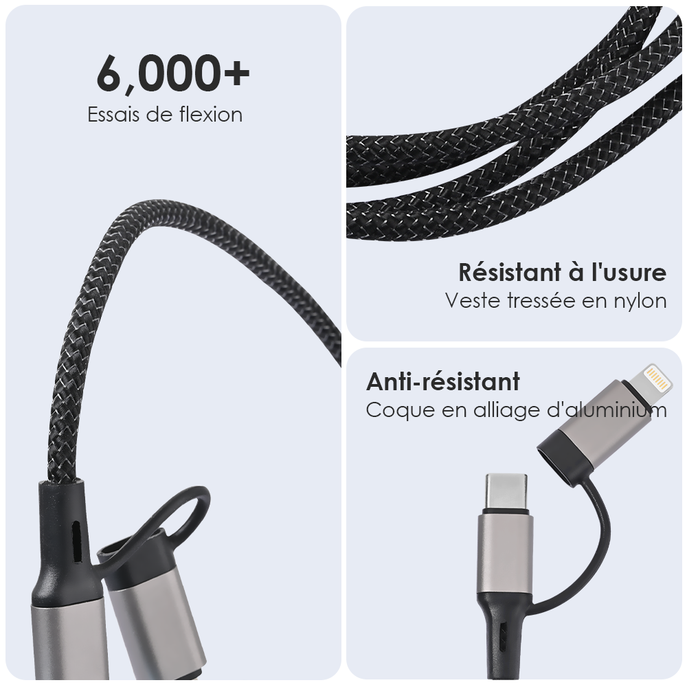 Câble de charge rapide 4-en-1 3A USB-C/USB-A vers USB-C/Lightning ...