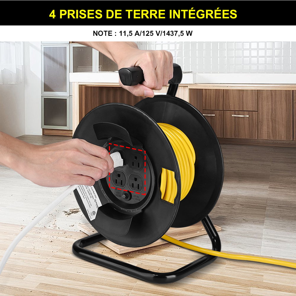 Enrouleur de Câble Durable 25ft avec 4 Prises et Protection Surcharge