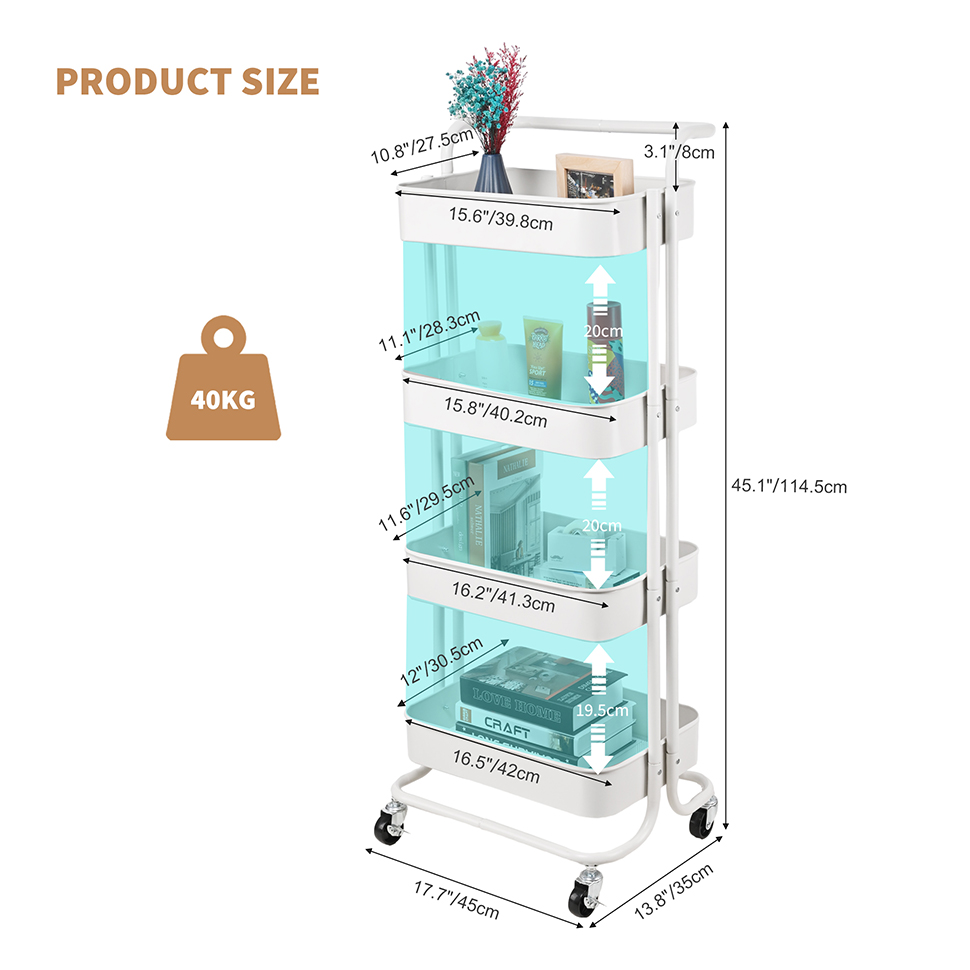 STORA™ Multi-Use 4-Tier Metal Rolling Cart with Locking Wheels