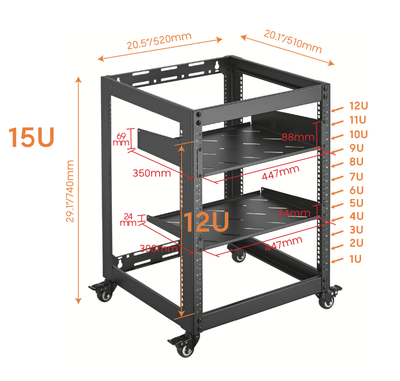 15U/12U Capacity Open Frame Server Rack with Wheels for 19" Networking ...