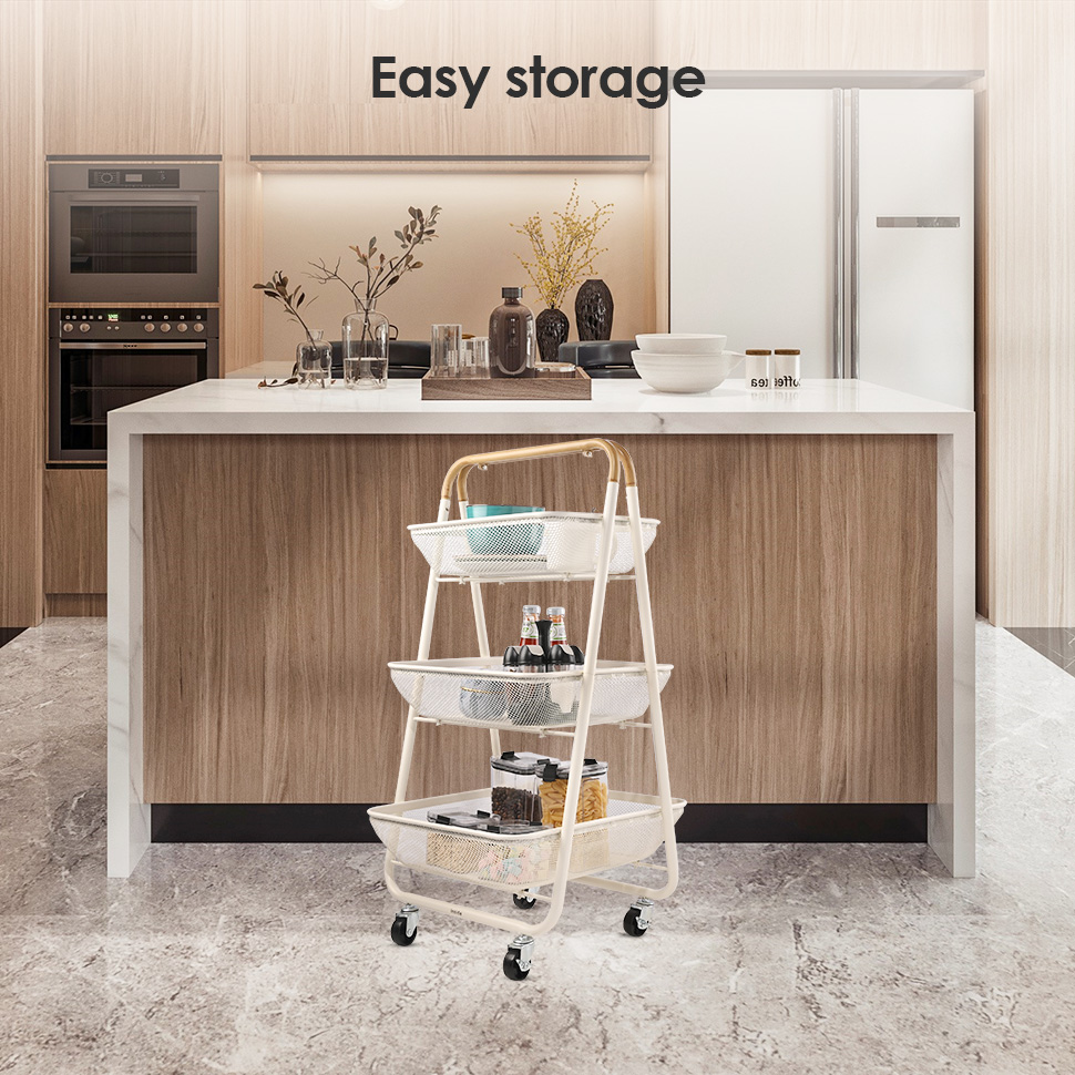 3-Tier Versatile Metal Wire Basket Kitchen Storage Cart with Wheels ...