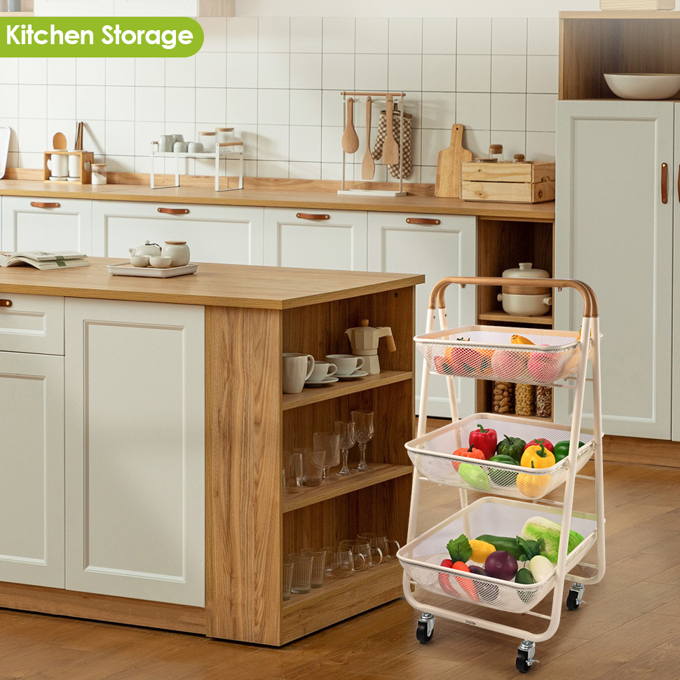 3-Tier Versatile Metal Wire Basket Kitchen Storage Cart with Wheels ...