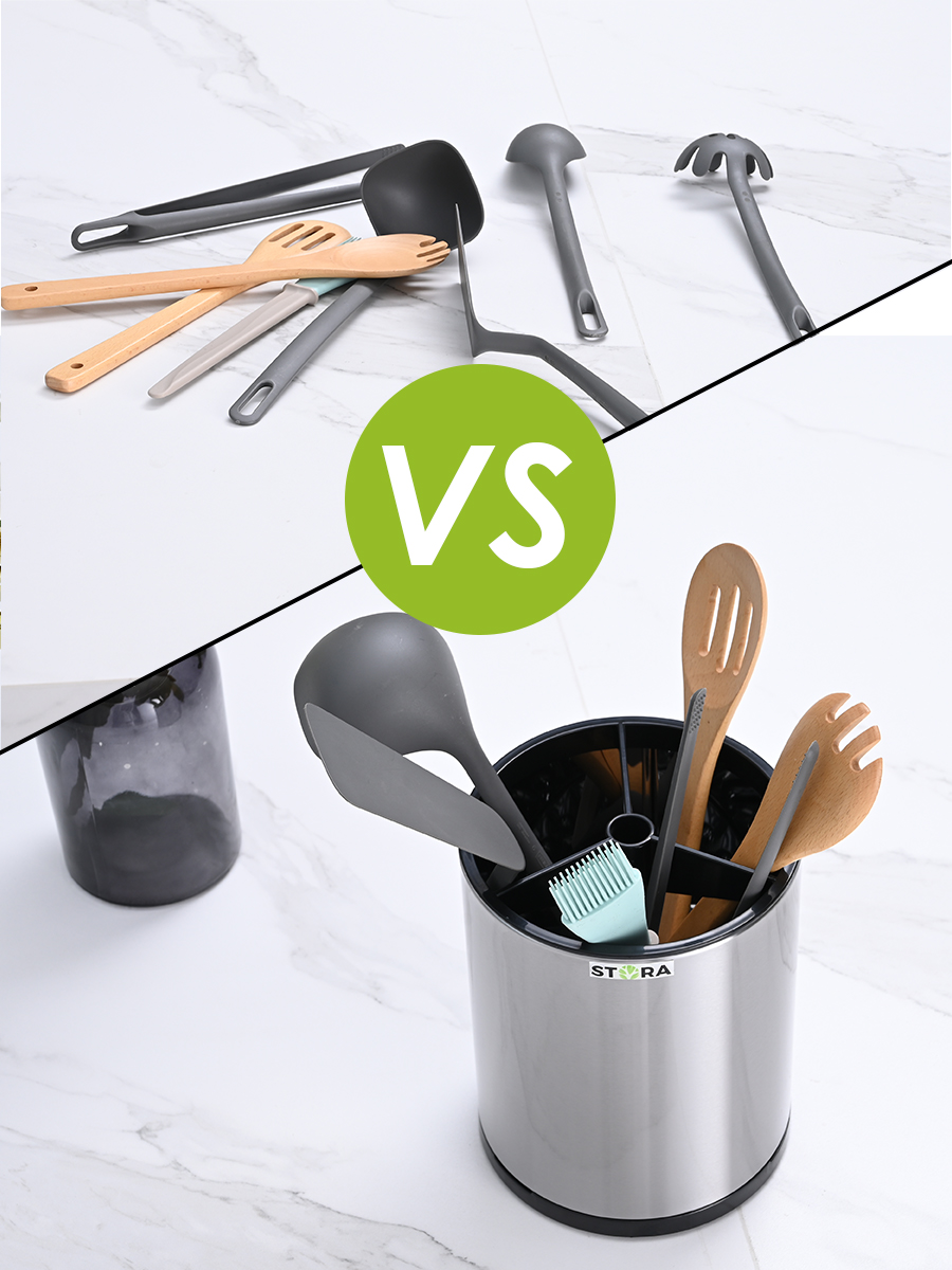 360° Rotating Stainless Steel Utensil Organizer with Drainage Tray - STORA™